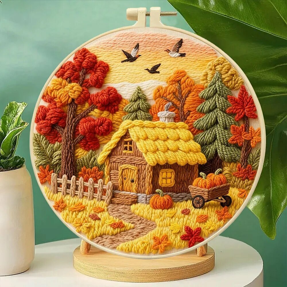 Вышивка крестиком на хлопковой ткани с орнаментом домик осенью, набор для рукоделия с пяльцами 29x29 см