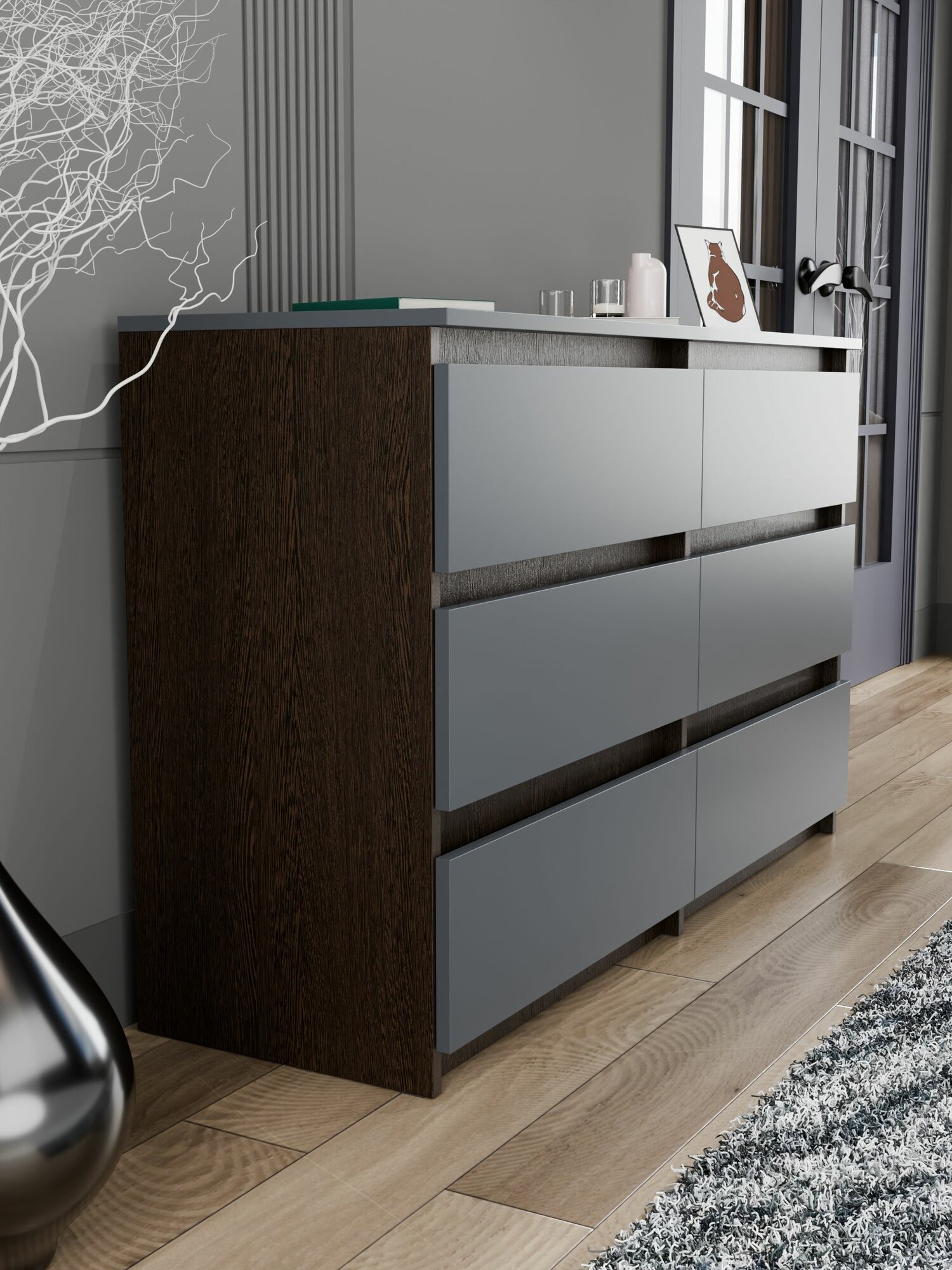 Комод для белья и одежды орлан 6 ящиков, 120х76.4х40 см, венге/графит