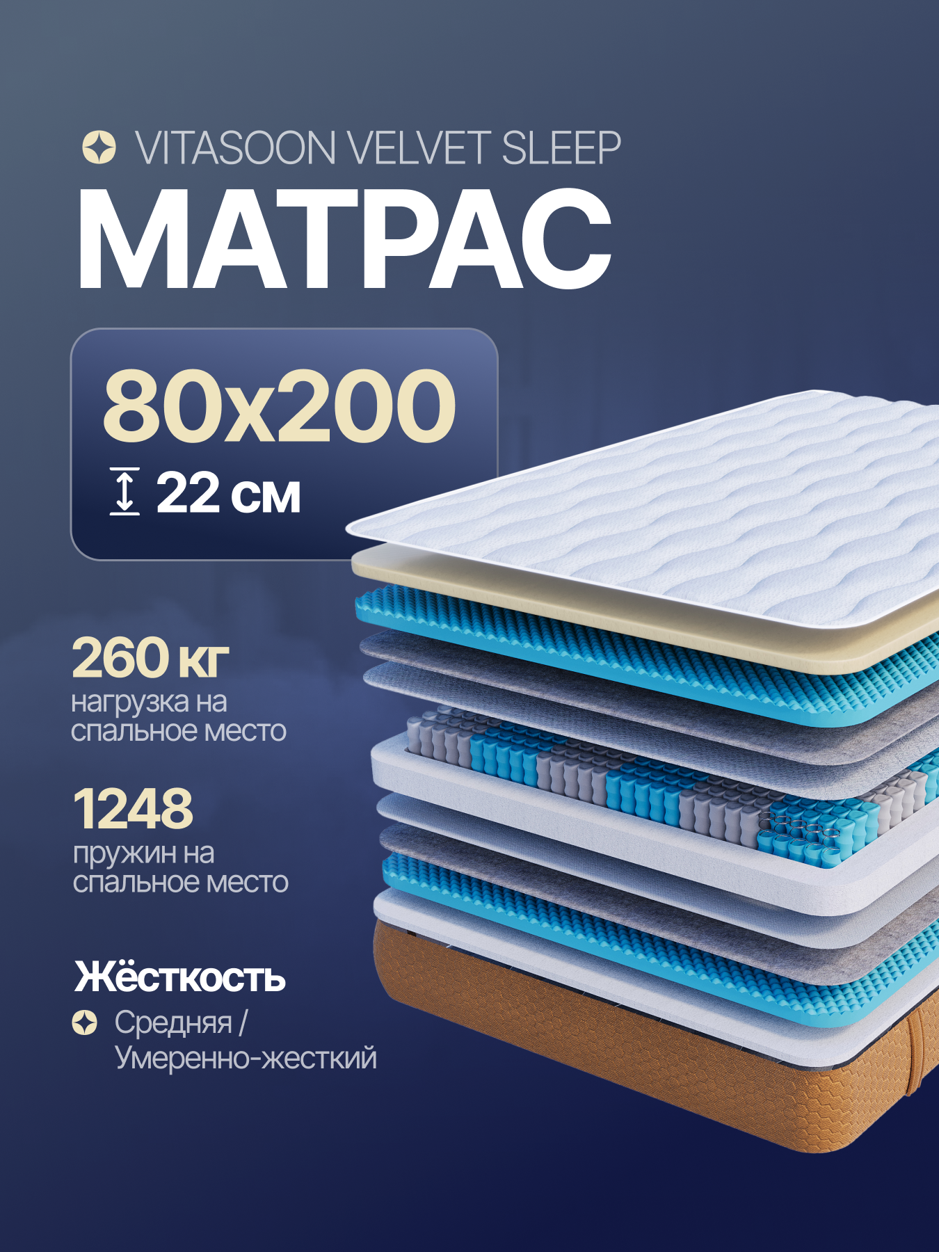 Матрас 80х200 ортопедический пружинный высота 22 см Vitasoon Velvet Sleep детский односпальный