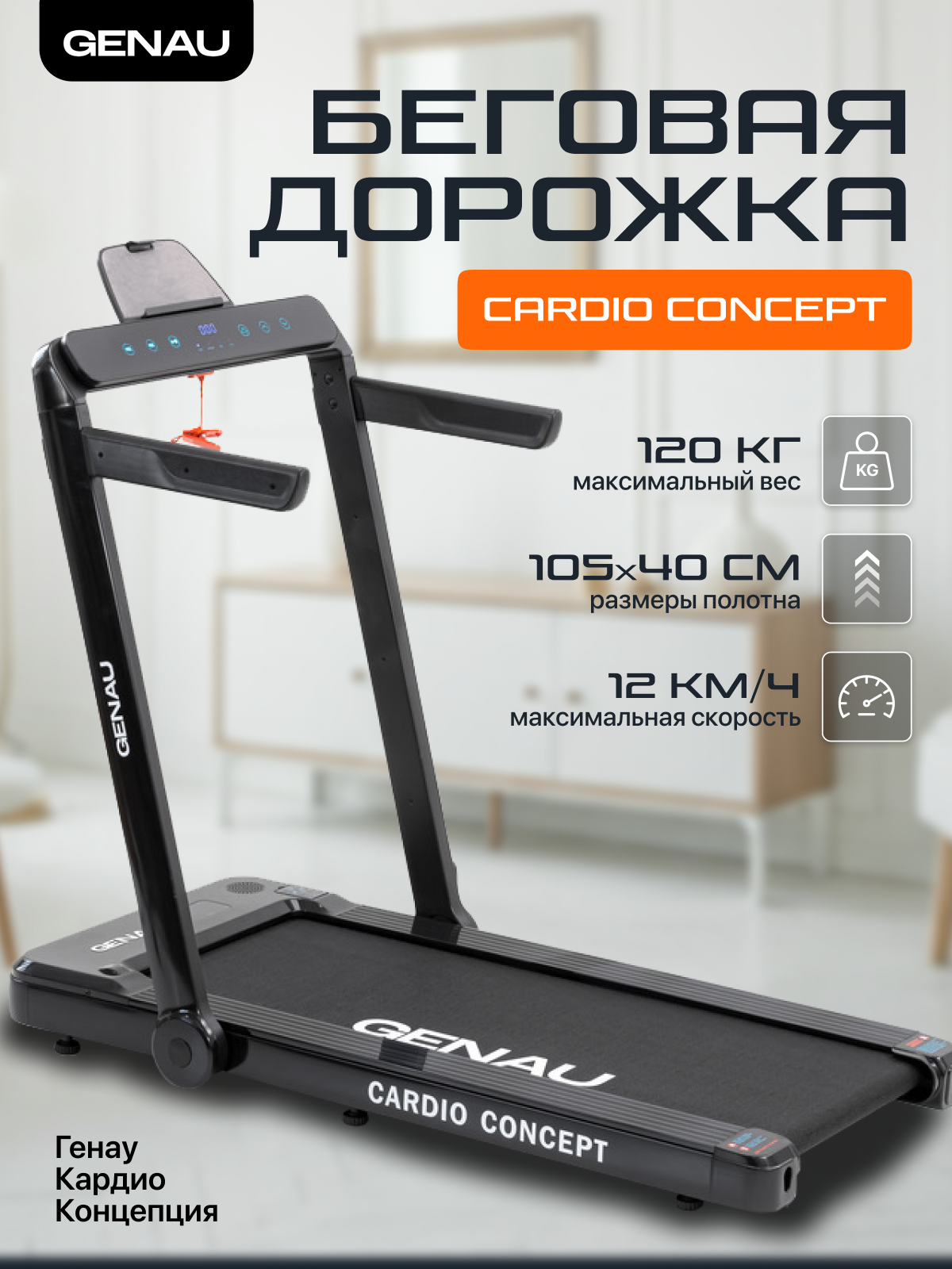 Электрическая беговая дорожка Генау Кардио Концепт для бега и ходьбы, домашняя