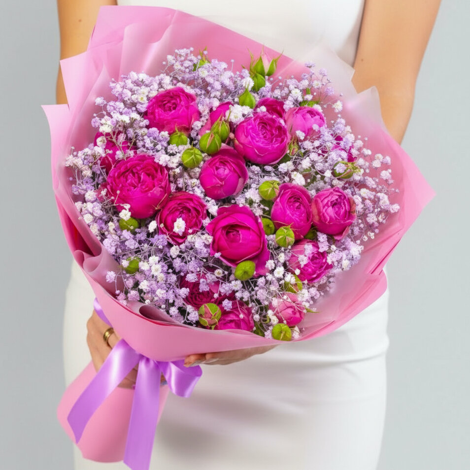 Дуо-букет Мегацвет24, "Малиновый Закат", роза Мисти Баблс и гипсофила, дизайнерская упаковка