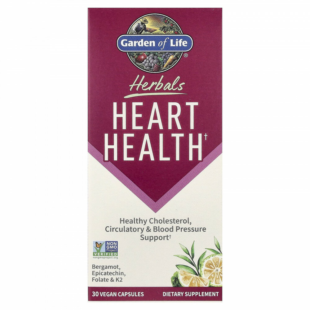 Garden of Life, Herbals, здоровье сердца, сладкий цитрус, 30 веганских капсул