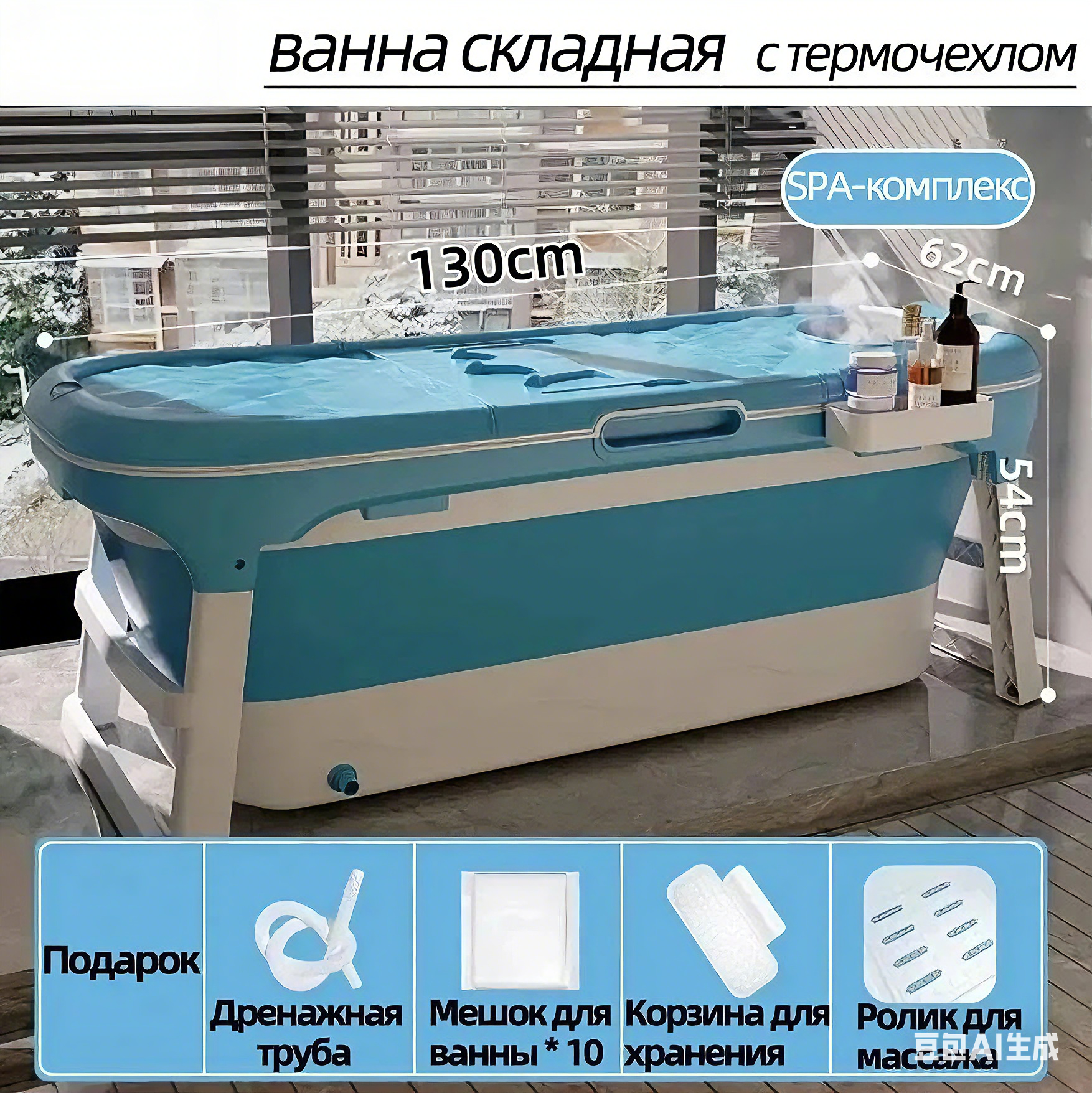 Ванна складная для взрослых, С чехлом для тепла, для зимнего утепления, SPA-комплекс, 130cm