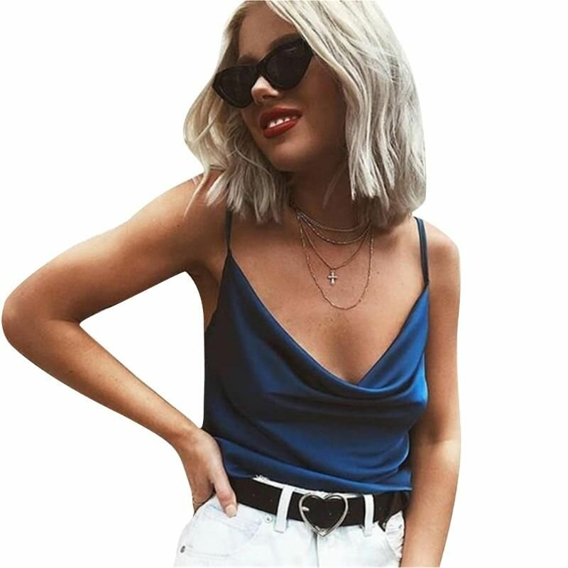 Женская атласная майка с бретельками и драпировкой, темно-синий - S