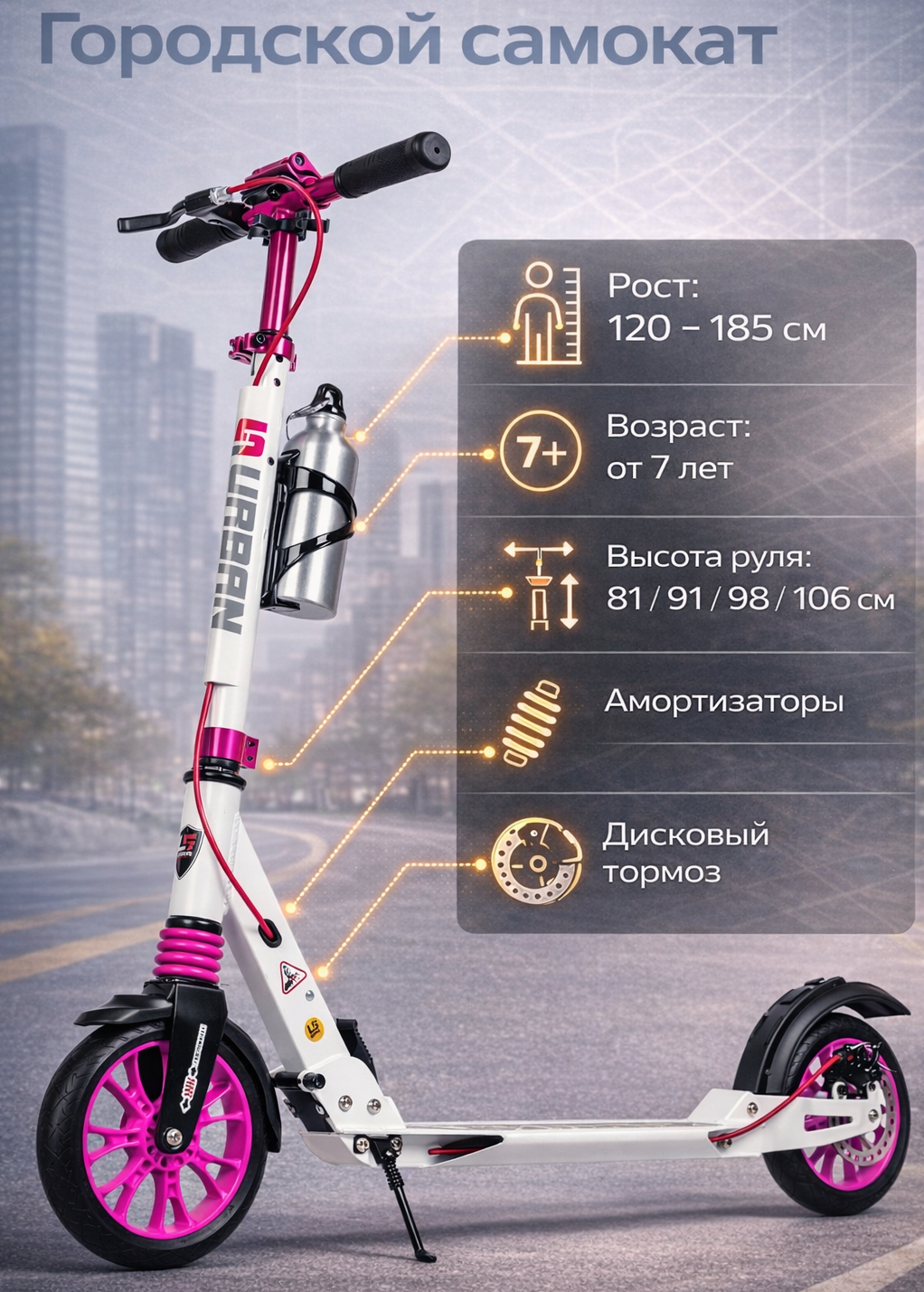 Складной городской самокат US Urban Scooter Disk Brake с дисковым тормозом, двумя амортизаторами и бутылкой для воды, Бело-розовый