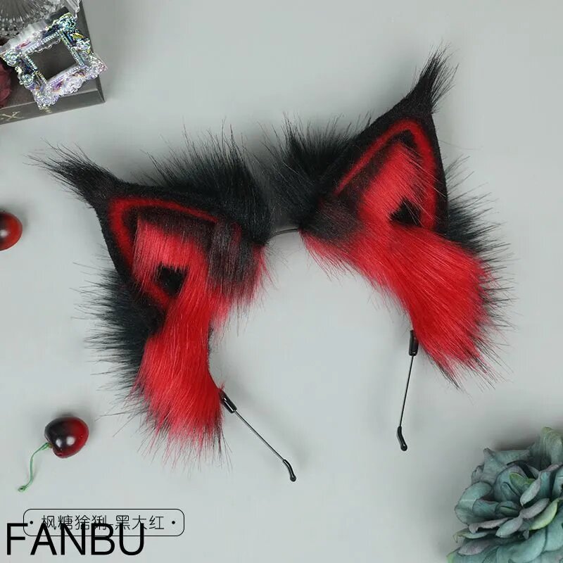 Эксклюзивные лисьи ушки для аниме косплея, красные, мех