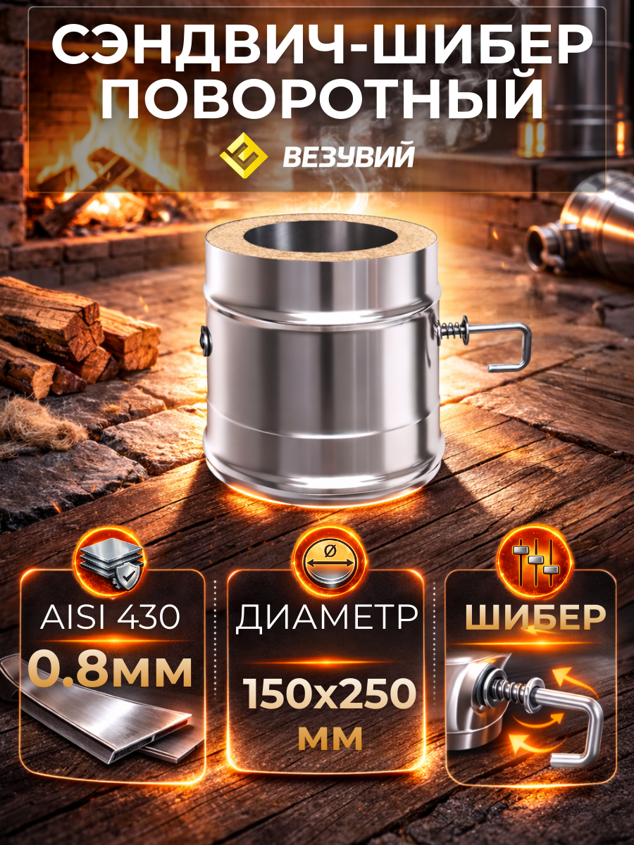 Сэндвич-шибер для дымохода из нержавеющей стали (AISI 430/0,8мм) д.150х250, L-0,2м