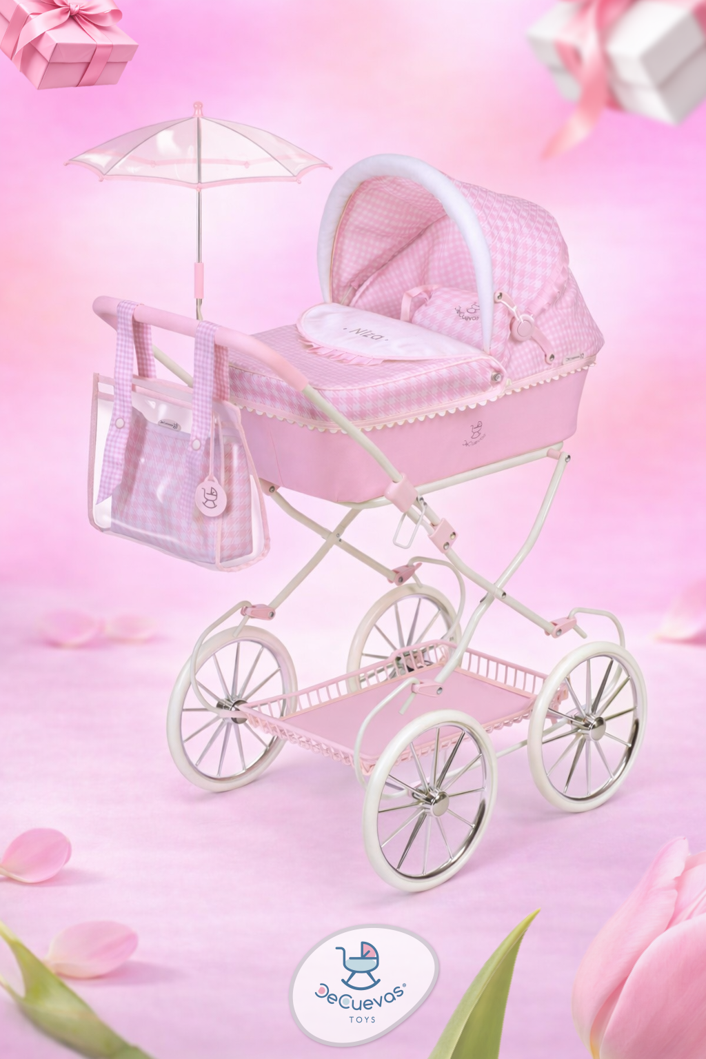 Коляска для кукол люлька 81046 DeCuevas Toys, с аксессуарами съемной прозрачной сумкой и зонтом, высота ручки 81 см, серия Ницца, большие колеса