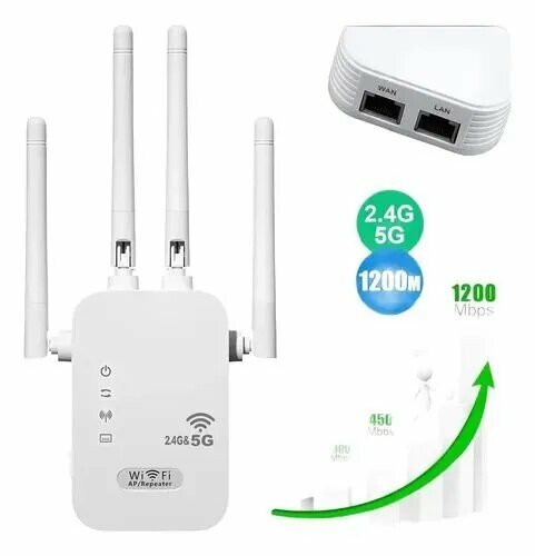 WiFi усилитель 1200 Мбит/с Двухдиапазонный (2.4ГГц + 5ГГц) 4 антенны Plug & Play Покрытие до 20м