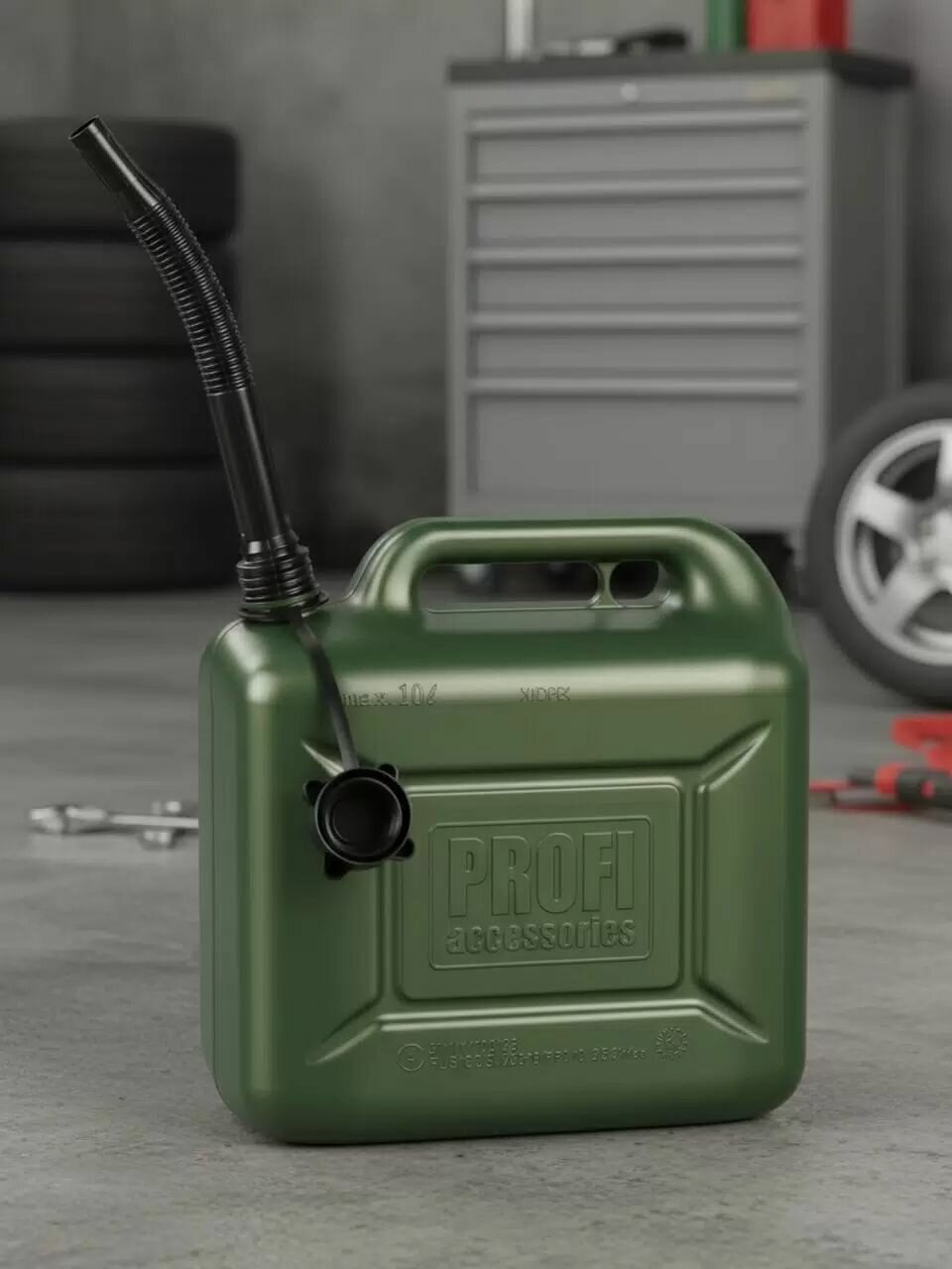 Канистра пластик для бензина и топлива, 10 литров, прямоугольная, крышка и лейка в комплекте, оливковая, PROFI