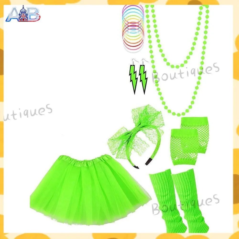 Набор для фотосессии в стиле 80-90-х годов: юбка, гетры, браслеты, бусы, серьги, ободок, 7 шт, неоновый цвет
