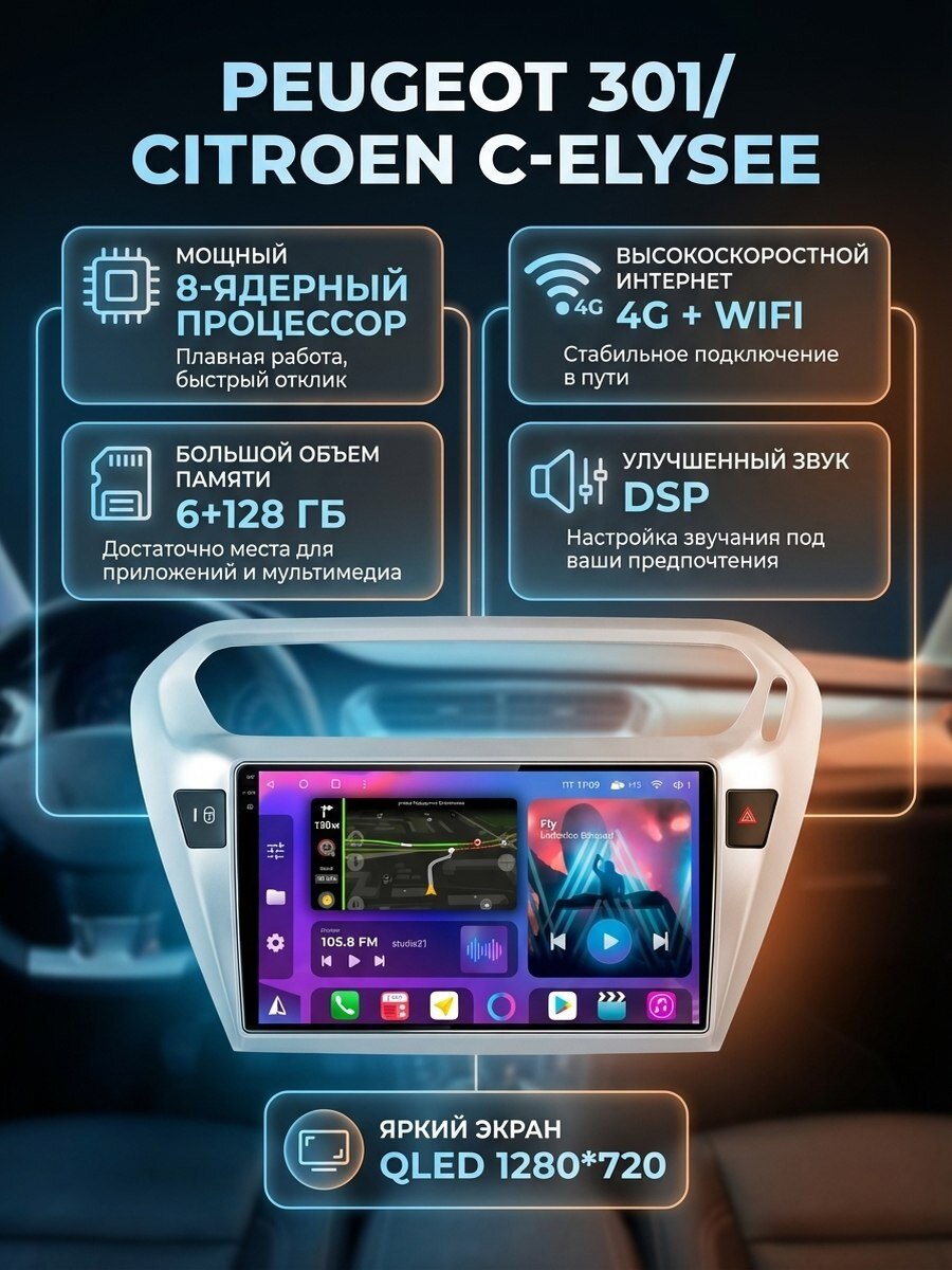 Штатная магнитола Пежо 301 и Ситроен С-Элизе (Peugeot 301 2013+ и Citroen C-Elysee) 2012-2017 на Android 14, WiFi + 4G