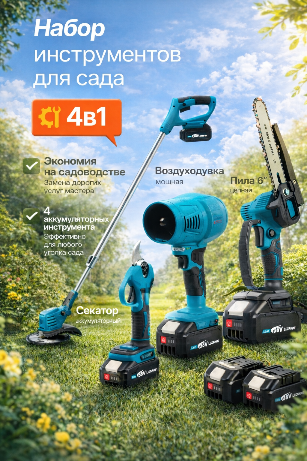 Триммер для травы аккумуляторный садовый 4в1 набор