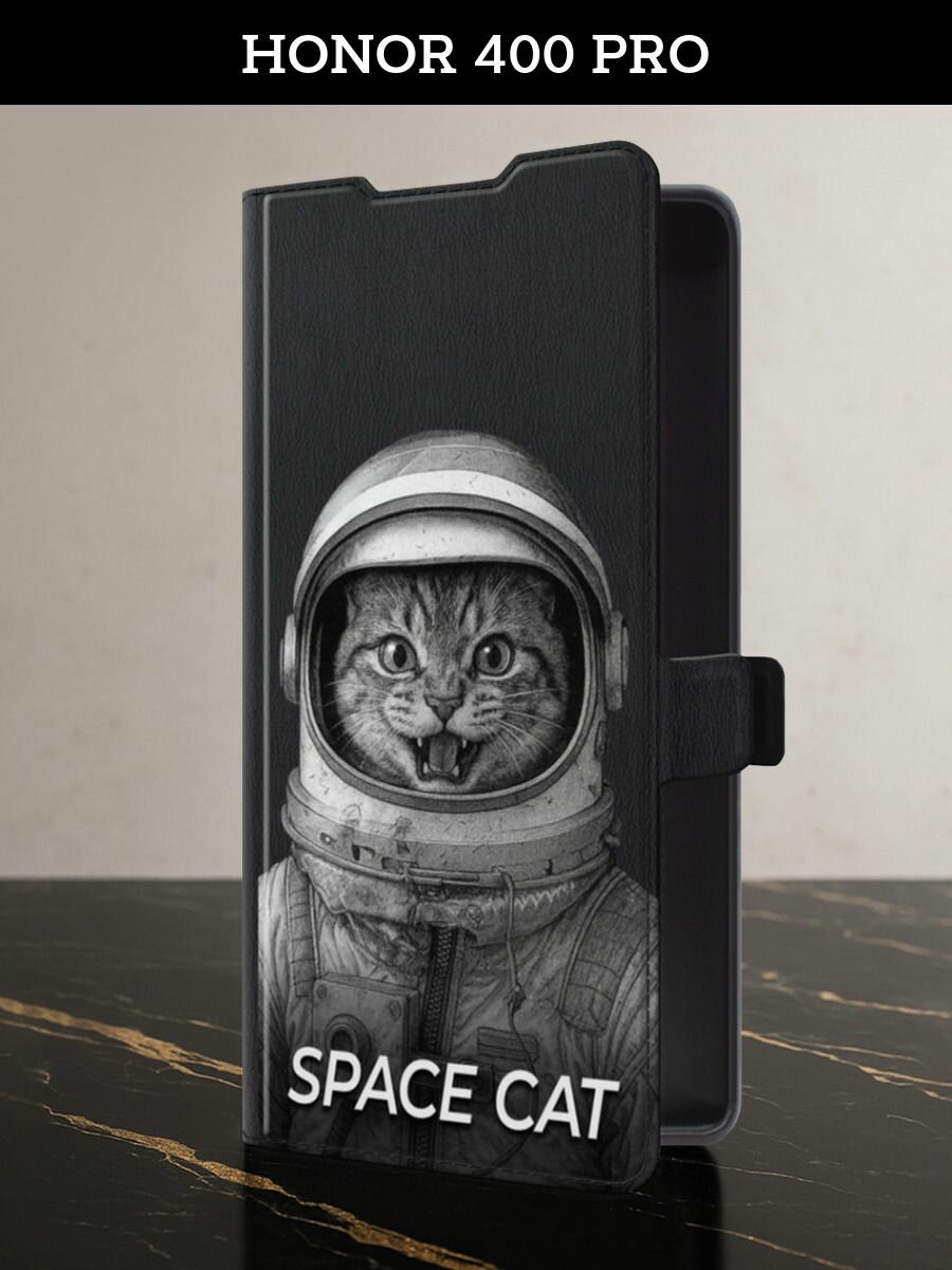 Чехол-книжка на Honor 400 Pro / Хонор 400 Про с принтом Space cat, черный