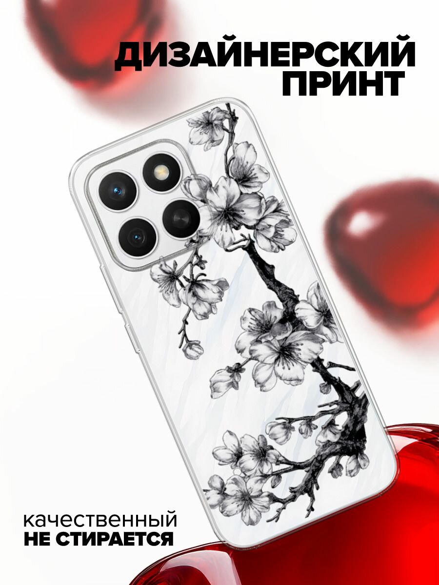 Силиконовый чехол на Honor X8c / Хонор X8c с принтом Ветка сакуры серая — фото 1