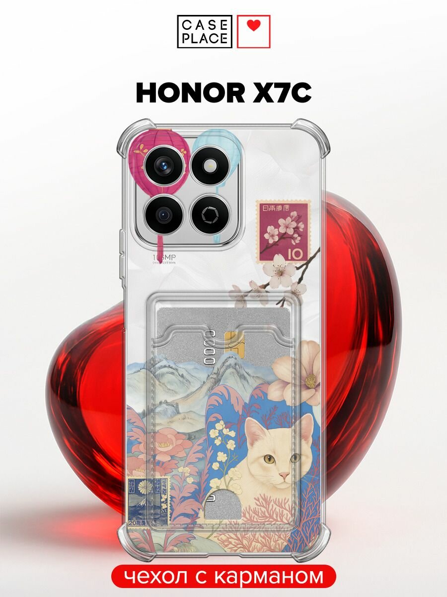 Чехол на Honor X7C (Хонор X7C) с картой и принтом Кот с японскими марками