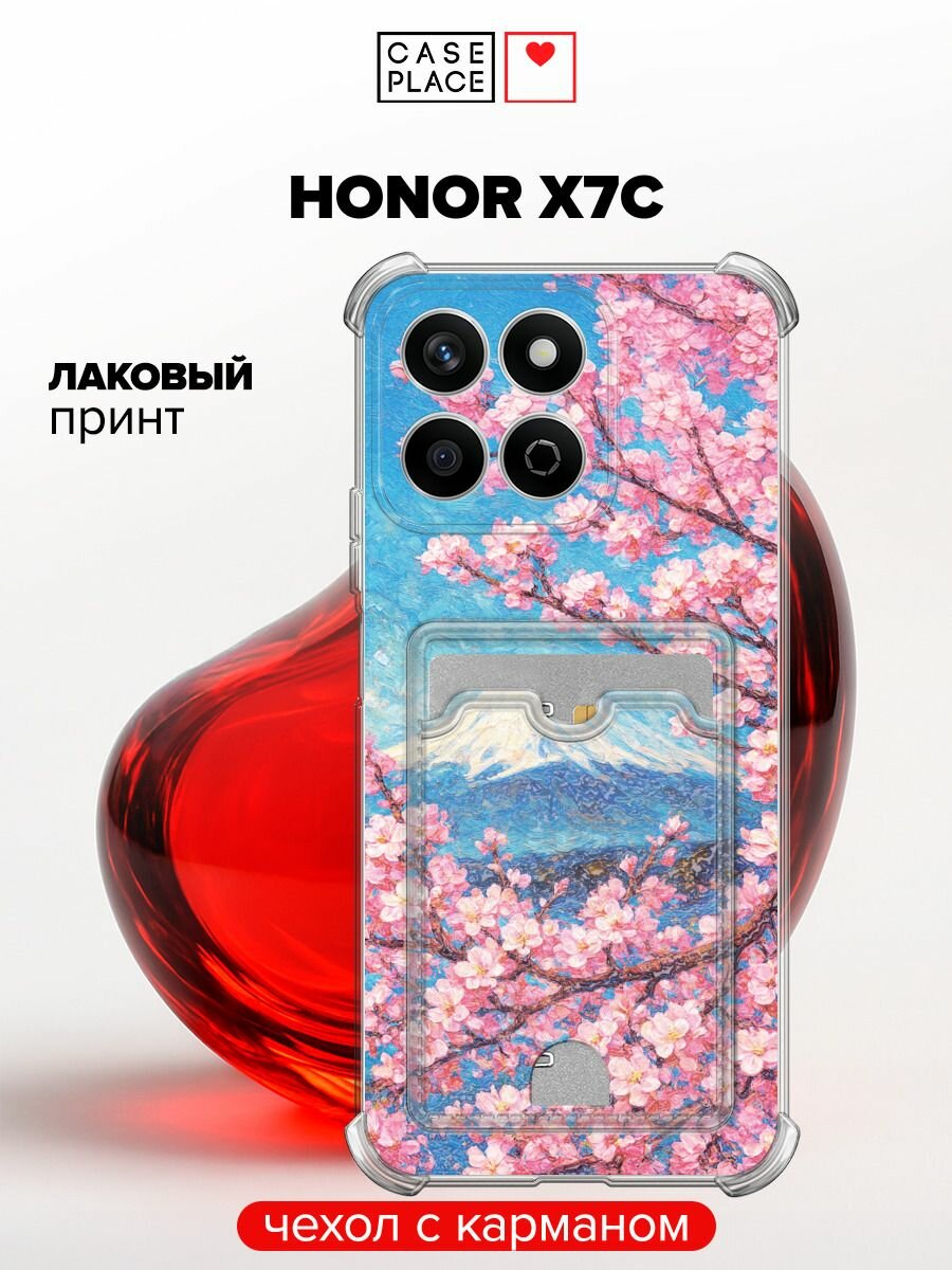 Чехол на Honor X7C (Хонор X7C) с картой и принтом Фудзияма и цветение сакуры