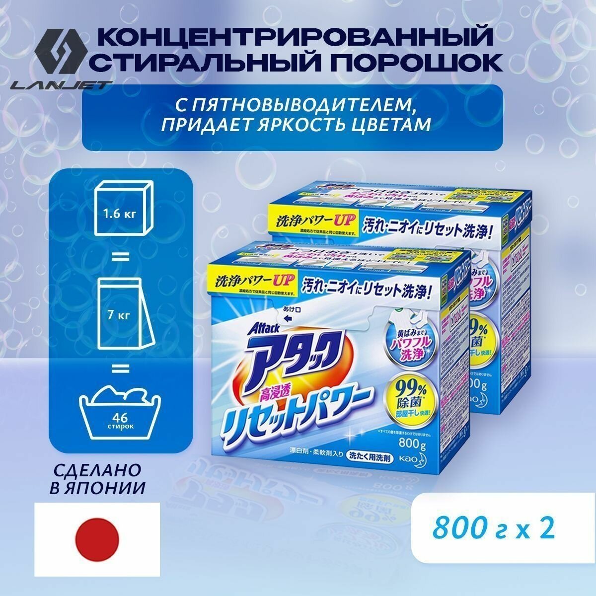 КAO Attack Power Высокоэффективный стиральный порошок с антибактериальным эффектом , цветочный аромат, 800 гр , в комплекте 2 штуки