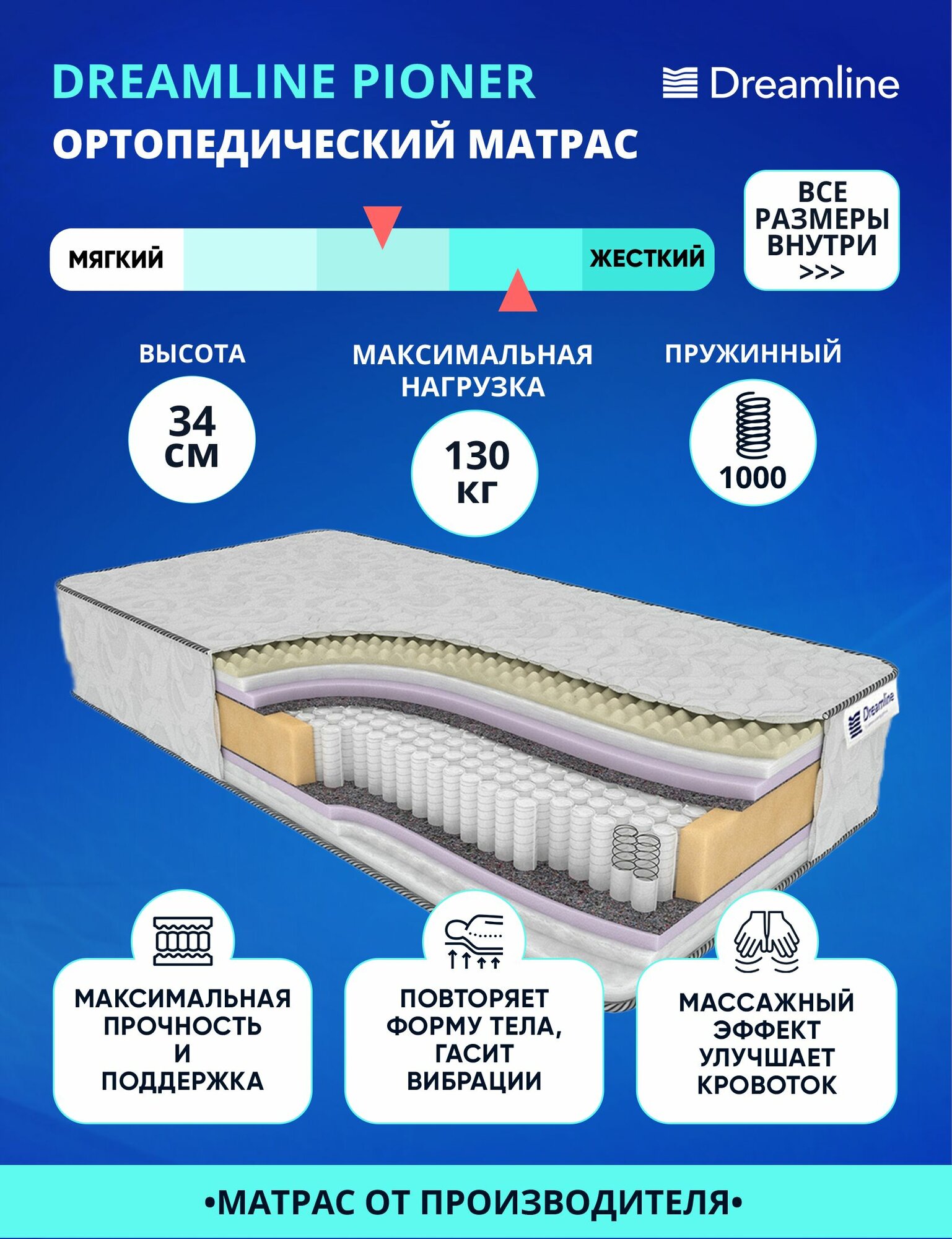 Матрас Dreamline Pioner 70х185 серии Lux высота 34 см анатомический средней жесткости Независимые пружины