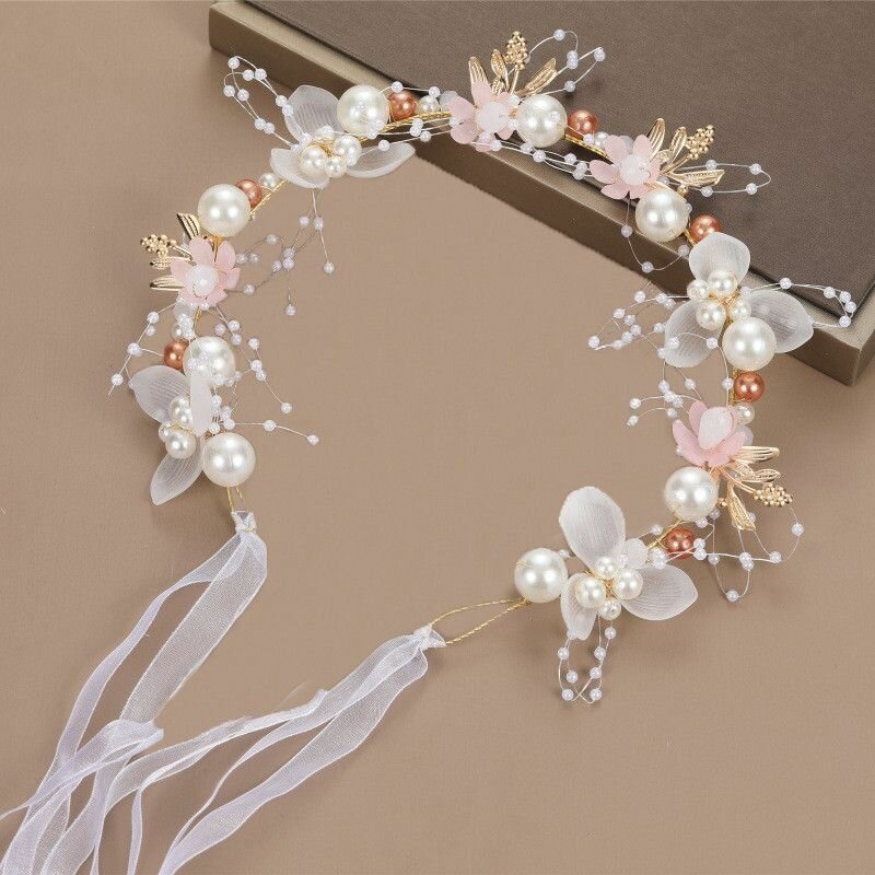 Жемчужный цветочный головной пояс с лентой для модных девушек
