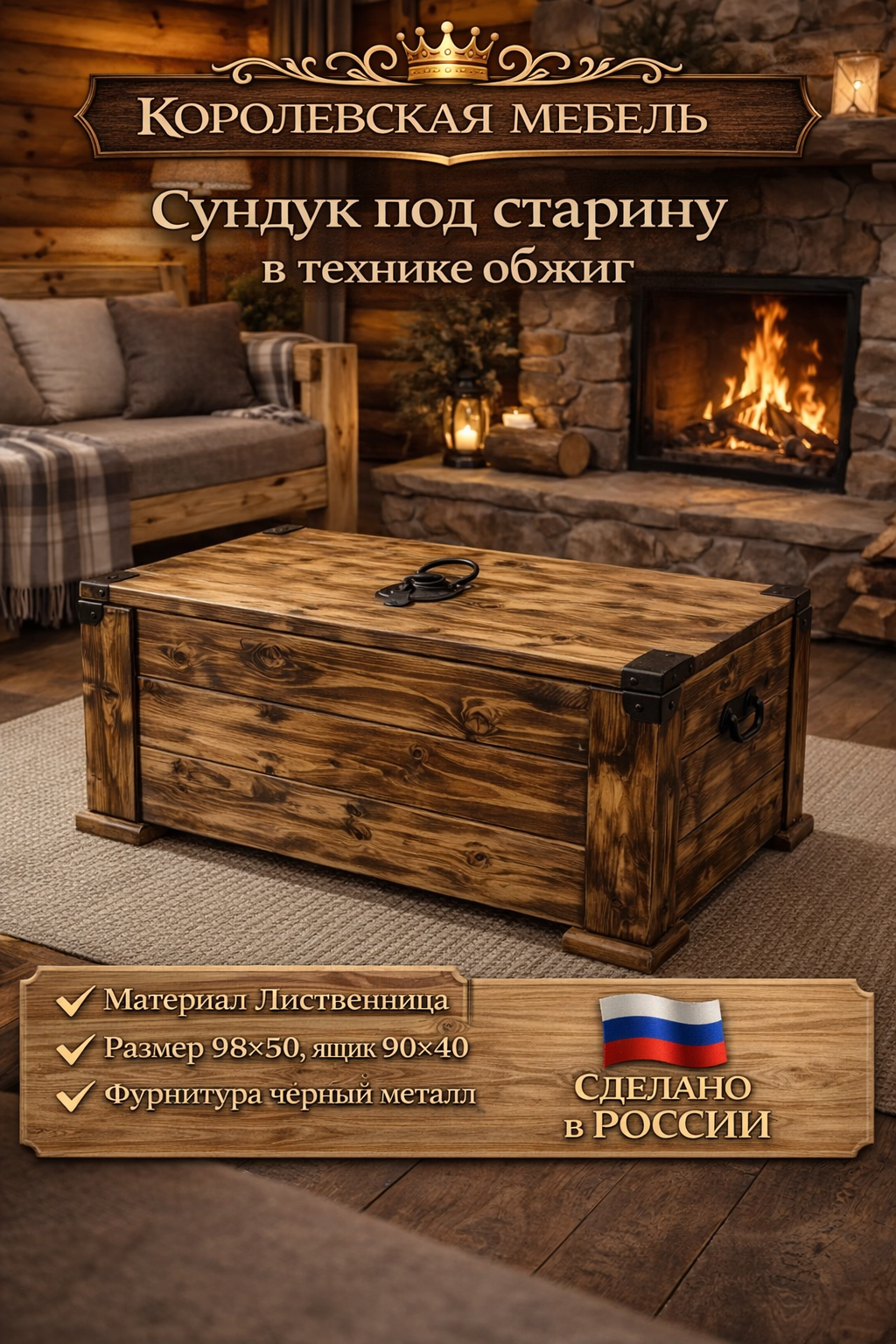 Сундук под старину деревянный из массива лиственницы 98×50 см, сундук для хранения, техника обжига