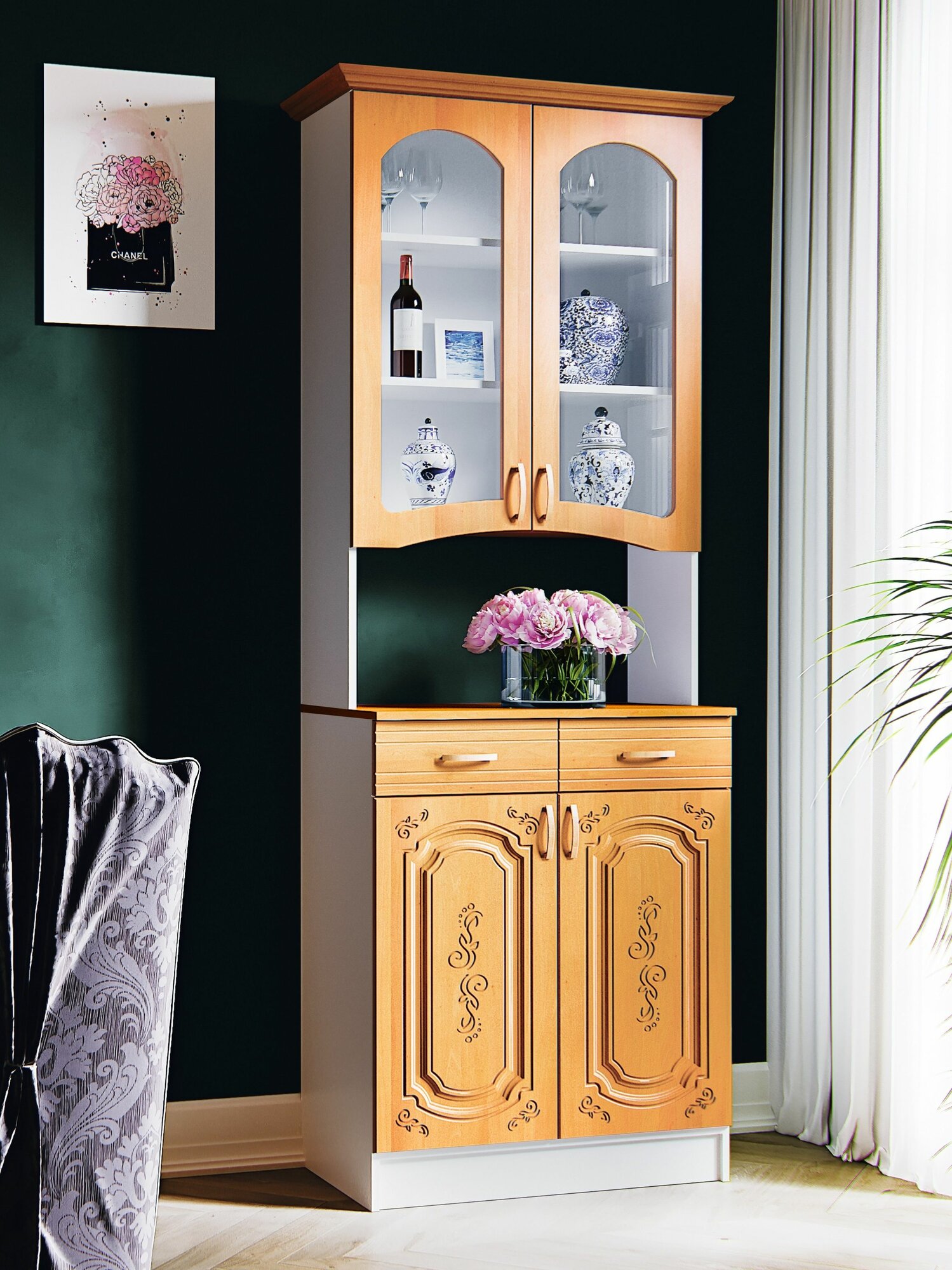 Буфет для кухни Лиза 2, кухонный шкаф витрина для посуды напольный с фасадами МДФ, 80х43х225 см, Ольха матовый/Белый