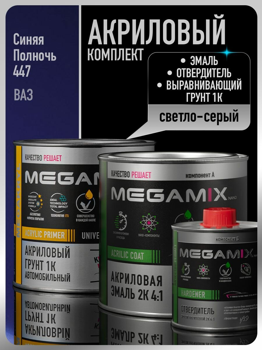 Комплект Акриловая краска автомобильная 2К , Синяя полночь 447, 840мл + Отвердитель 2K 210 мл + Грунт акриловый 1К , светло-серый, 800 г