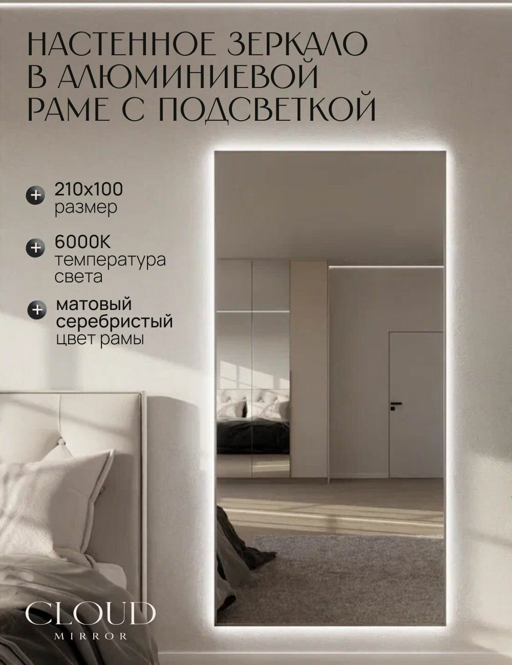 Зеркало 210х100 см серебро с подсветкой Свет: Холодный белый 6000К. В алюминиевой раме интерьерное настенное CLOUD MIRROR