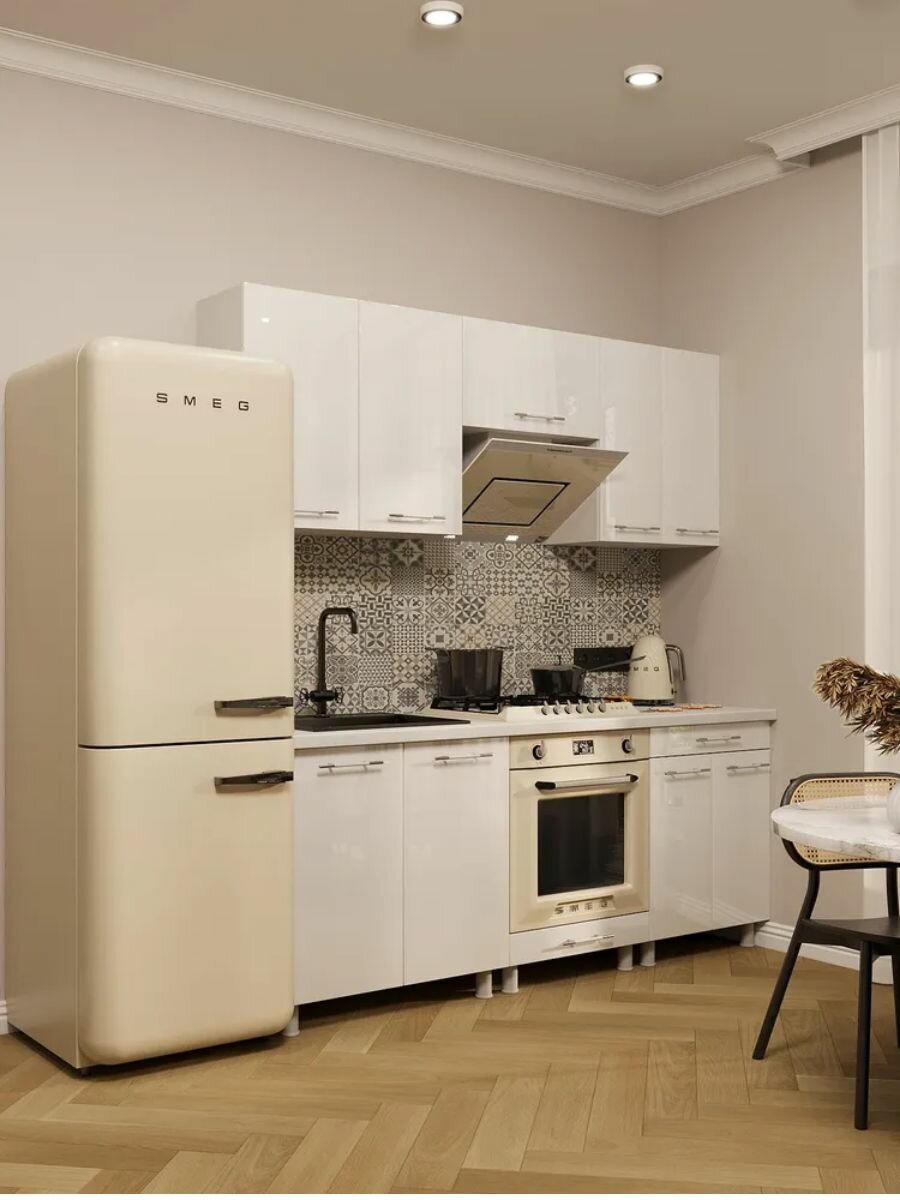 Кухонный гарнитур (кухня) Танго 2.0 м с окапом и модулем под духовой шкаф МДФ фасад Белый корпус белый с текстурой древесные поры ЛДСП, столешница Антарес 26 мм 2000х2160х600 тэкс