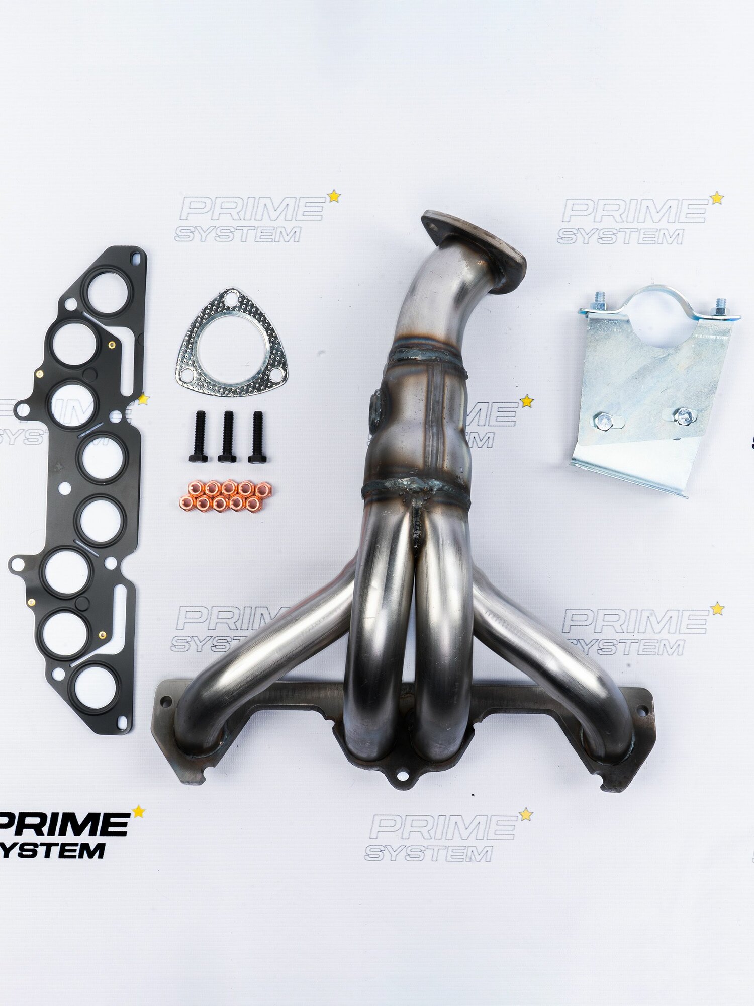 Выпускной коллектор паук 4-1 PRIME SYSTEM (вставка замены катализатора)для авто Приора, Калина, Гранта, 2110-15 1.6l 8V под 1 датчик (комплектом с опорным кронштейном)