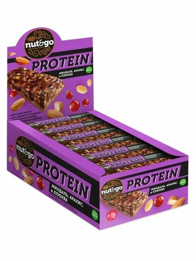 Nut&Go , батончик Protein миндаль, арахис, клюква, 36 г (упаковка 18 шт)
