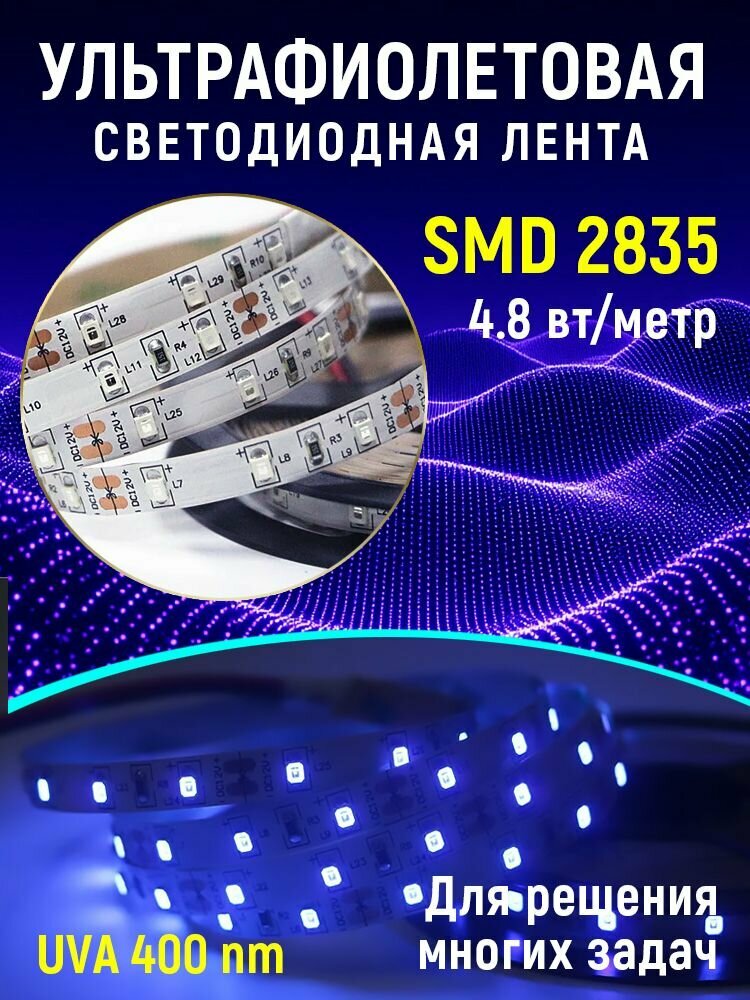 Ультрафиолетовая светодиодная лента 12 В. IP33. Катушка 5 метров.