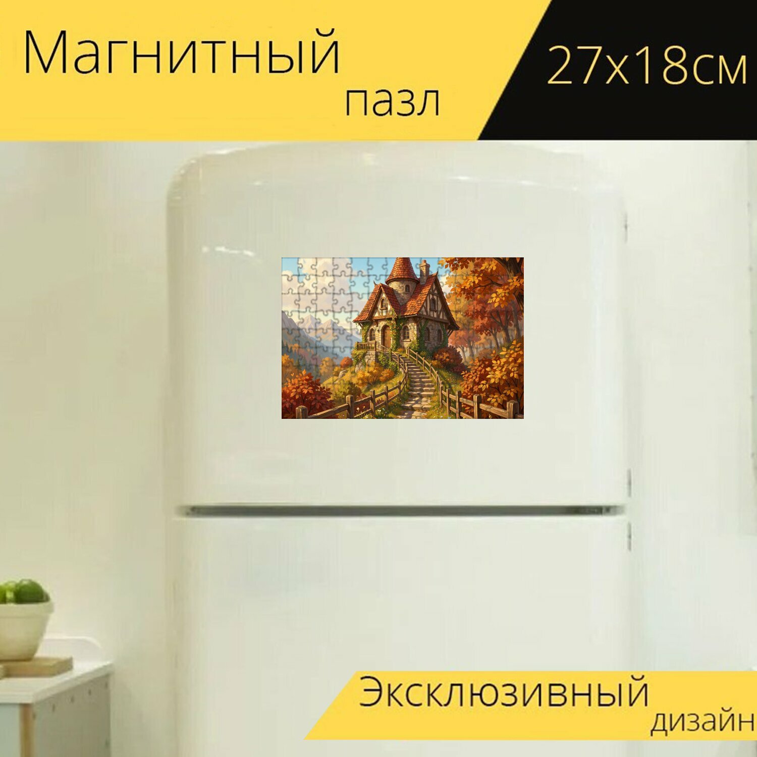 Магнитный пазл "Сказочный дом в осеннем лесу. Уютное горное жилище на холме, каменная тропинка, оранжевая листва и цветущие полевые травы. Теплый." на холодильник 27 x 18 см.