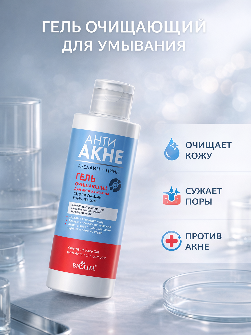 Гель очищающий для умывания лица с антиугревым комплексом, Анти акне. Азелаин+Цинк, 150 мл