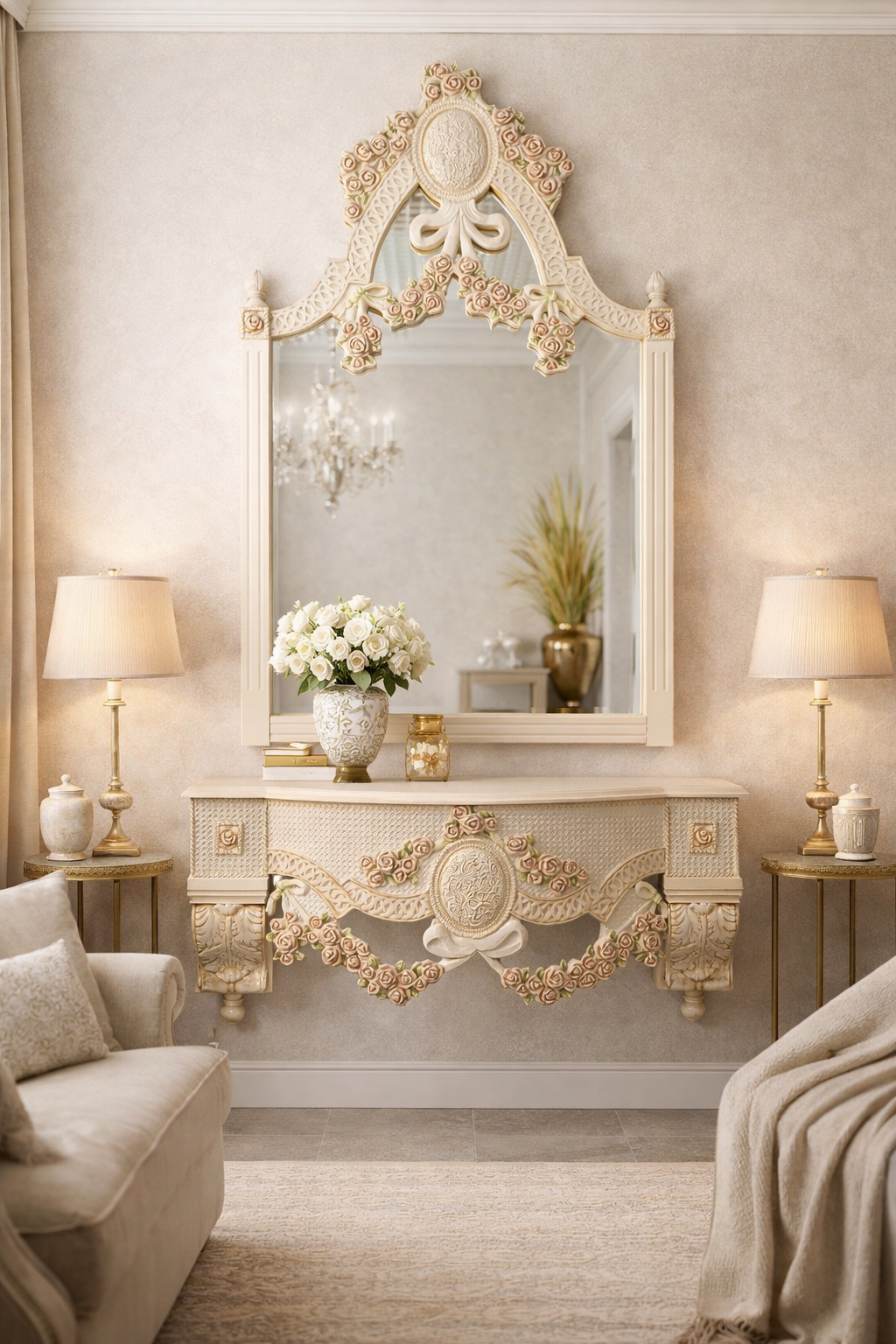 Консоль настенная интерьер "Кружева", с зеркалом, массив дерева