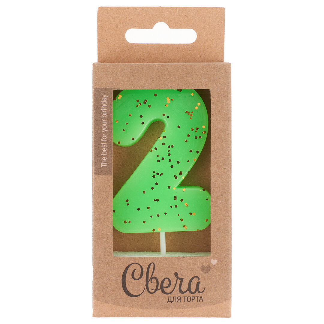 Свеча Цифра, 2 ЭКО, Неон, Зеленый, с блестками, 4*6 + 3 см,