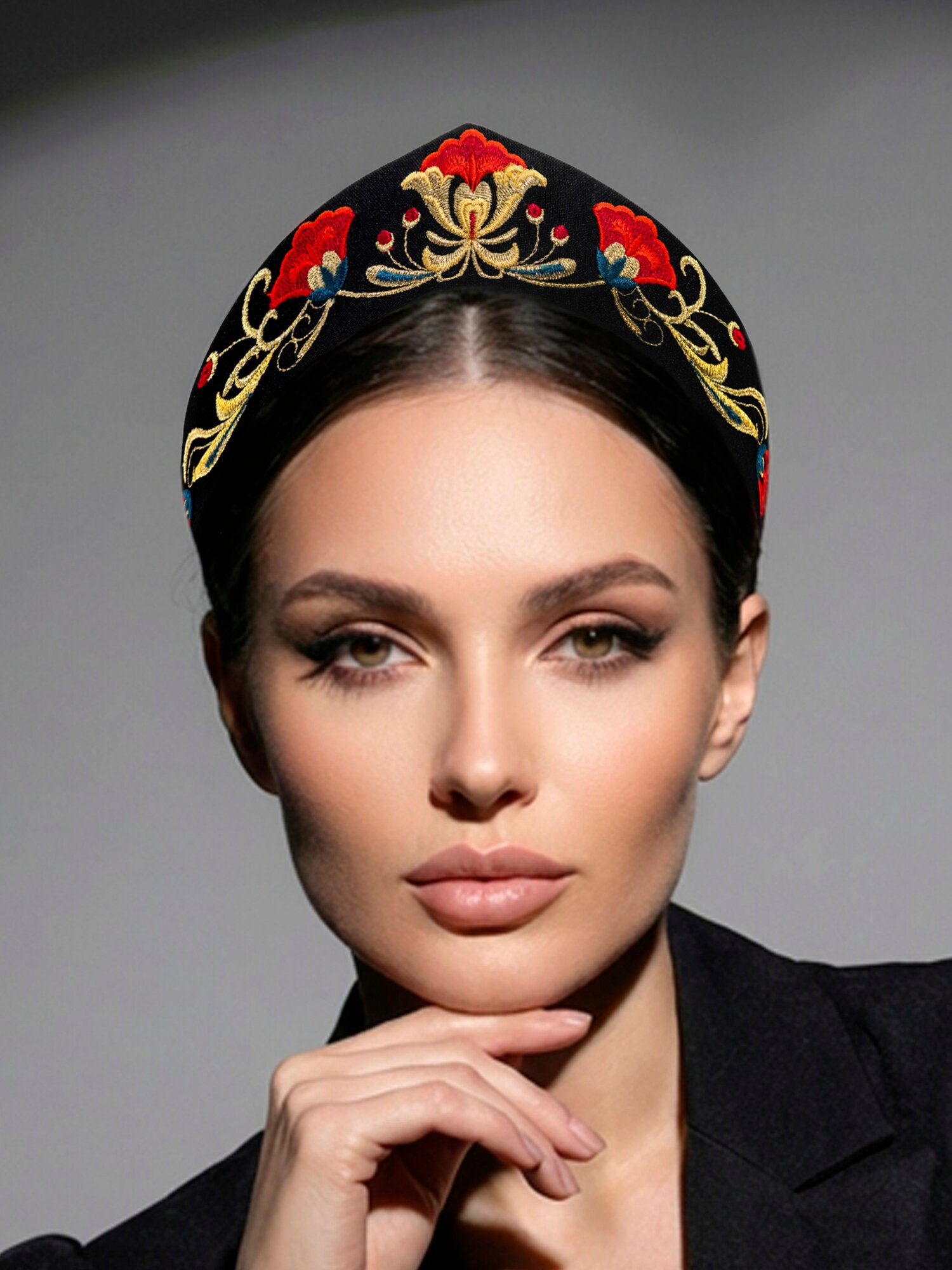 Ободок-кокошник 5 см, аксессуар для волос, золотая нить традиционная вышивка хохломские узоры