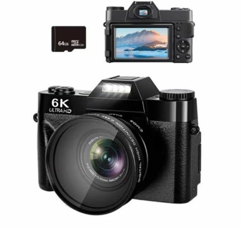 Цифровая камера 6K для фотосъемки, автофокус, поворотный экран на 180 градусов, компактная студенческая камера с картой памяти Micro SD на 64 ГБ (черная)