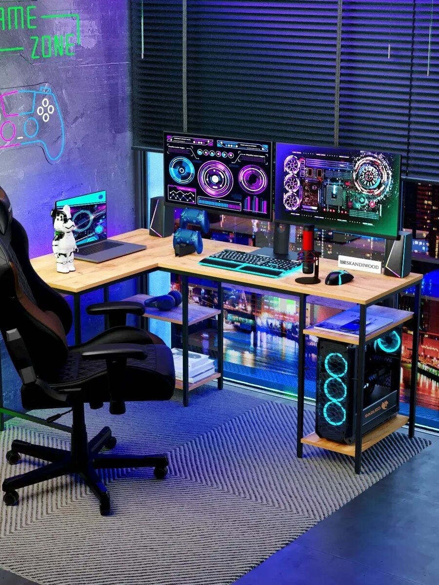 Угловой письменный стол с полками лофт дизайн компьютерный для геймера для школьника