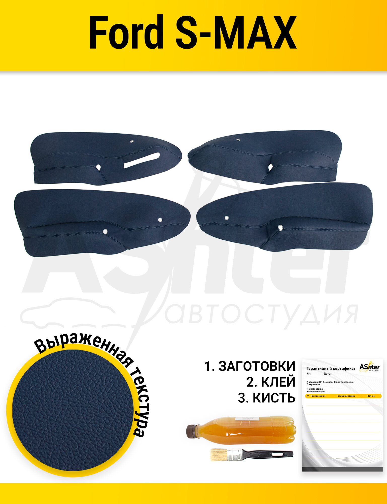 Заготовки из иск. кожи для дверных карт Ford S-MAX (1) (2006-2015), комплект на 4 двери, темно синие