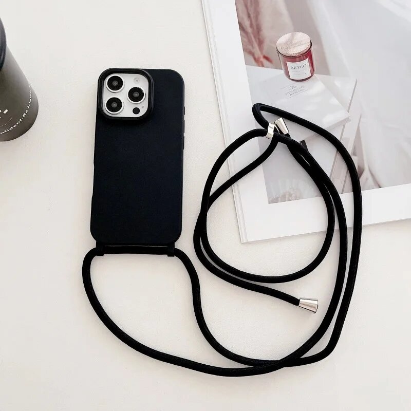 Простой чехол со шнурком для iPhone 17, 16, Pro Max 11, 12, 13, 14, Черный, Black, for iPhone 12 Pro