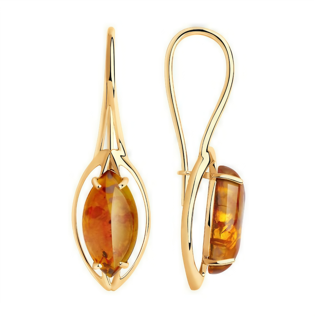 Серьги с подвесками, красное золото, 585 проба, янтарь