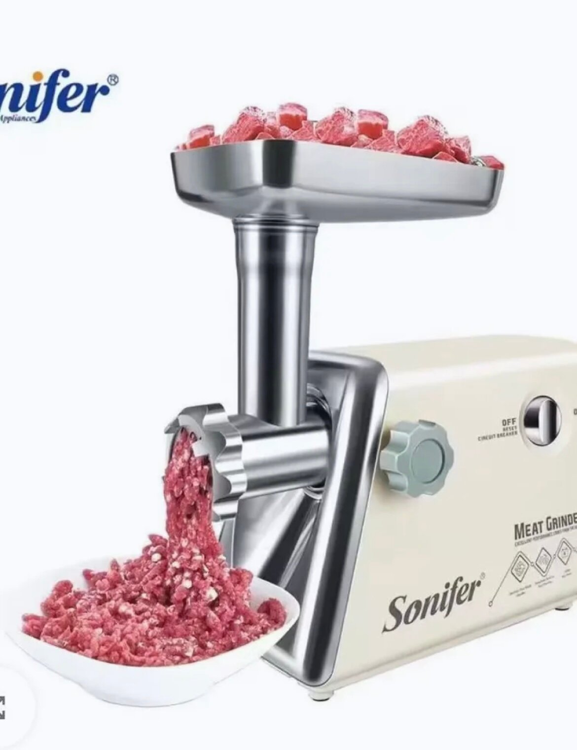 Мясорубка SONIFER SF-5014, электрическая, пластик/металл, бежевая