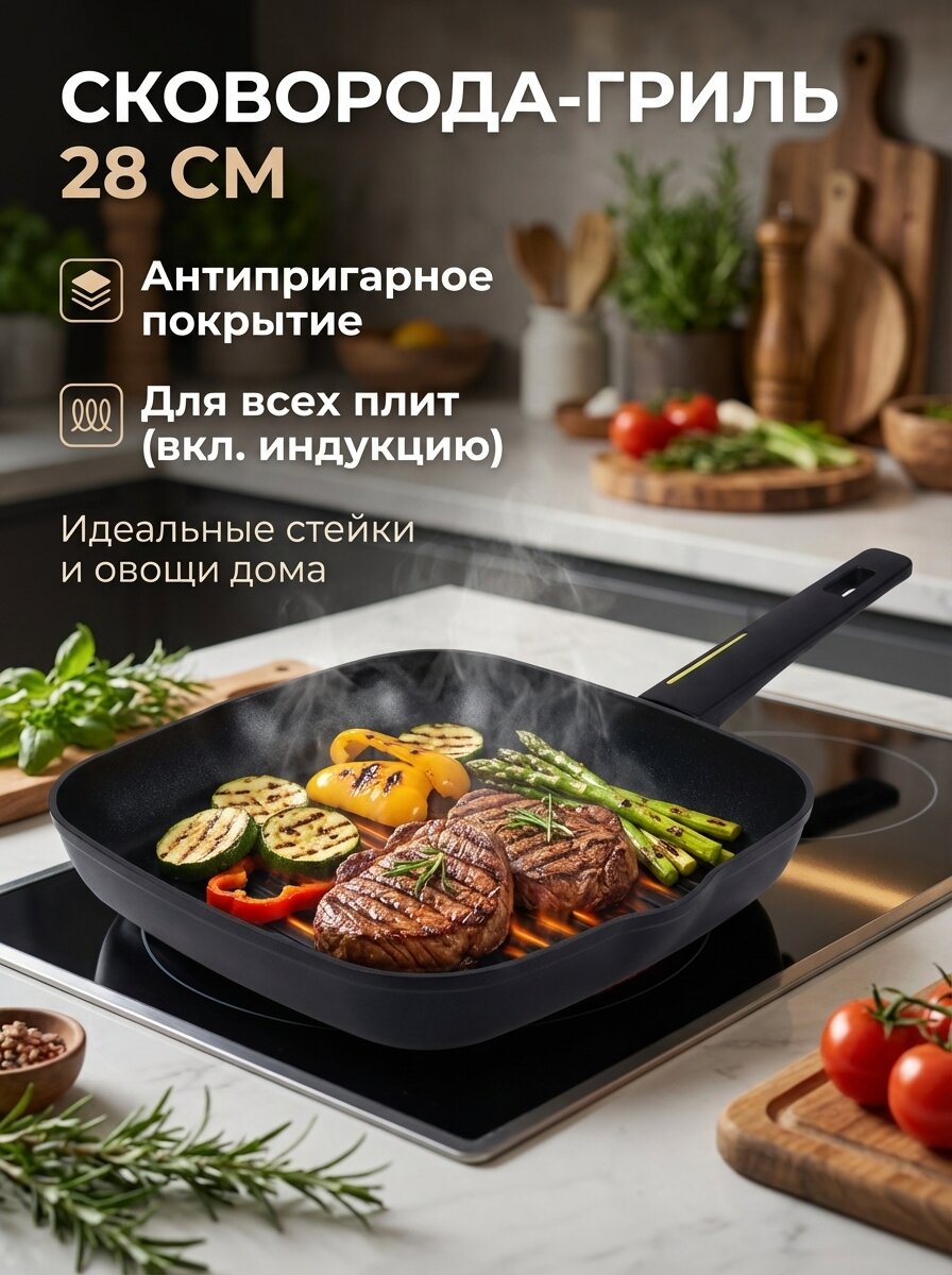 Сковорода гриль квадратная 28 см, антипригарное покрытие