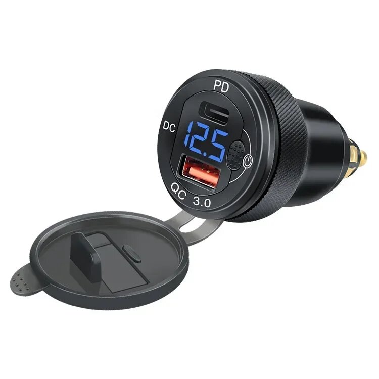 Автомобильный адаптер USB PD QC3.0, 12В, синий вольтметр