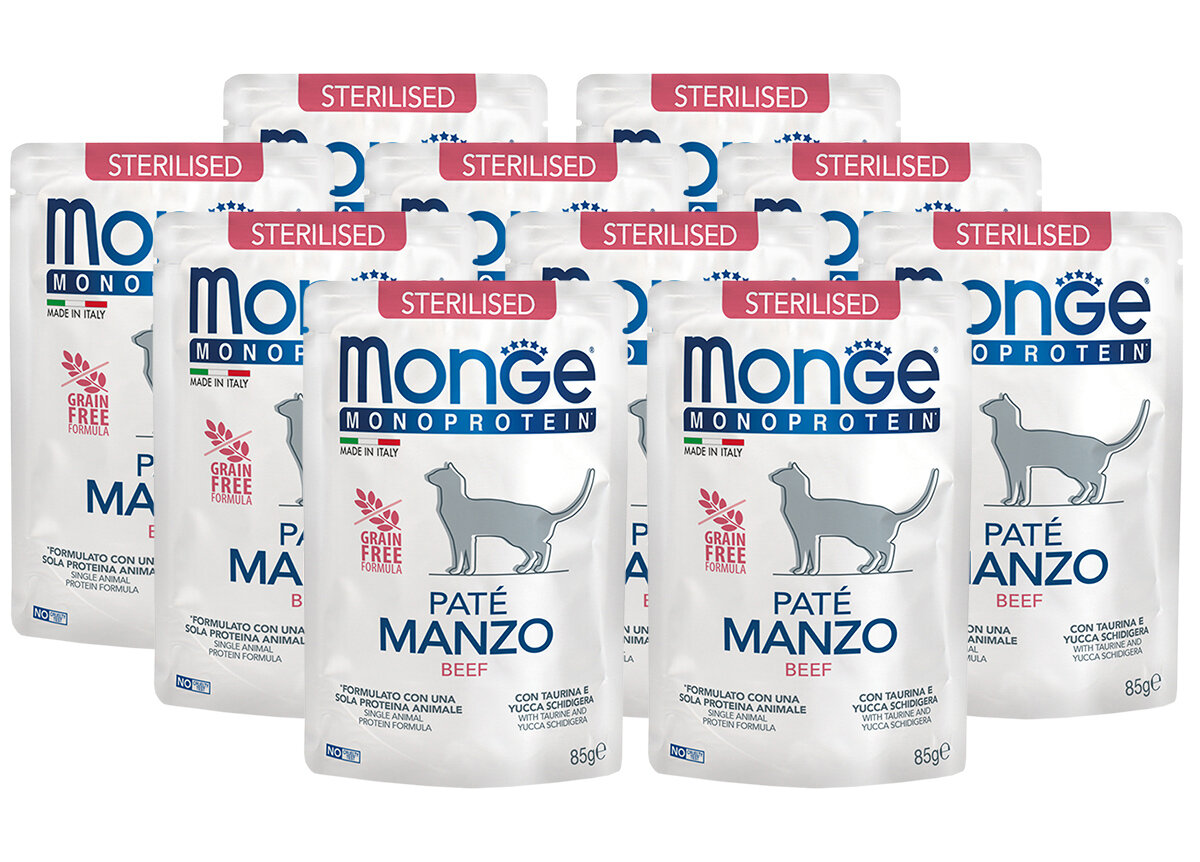 Корм влажный Monge Monoprotein Cat Sterilised монобелковые для взрослых кастрированных котов и стерилизованных кошек с говядиной пауч, 85 г 10 шт