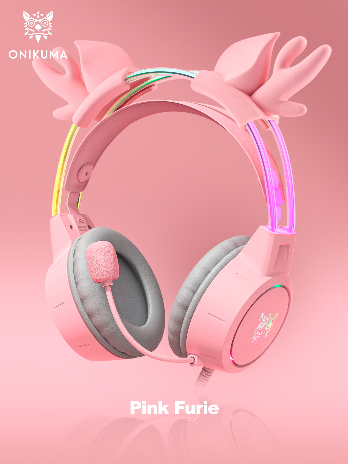 Наушники проводные ONIKUMA Pink Furie розовые с оленьими ушками и подсветкой