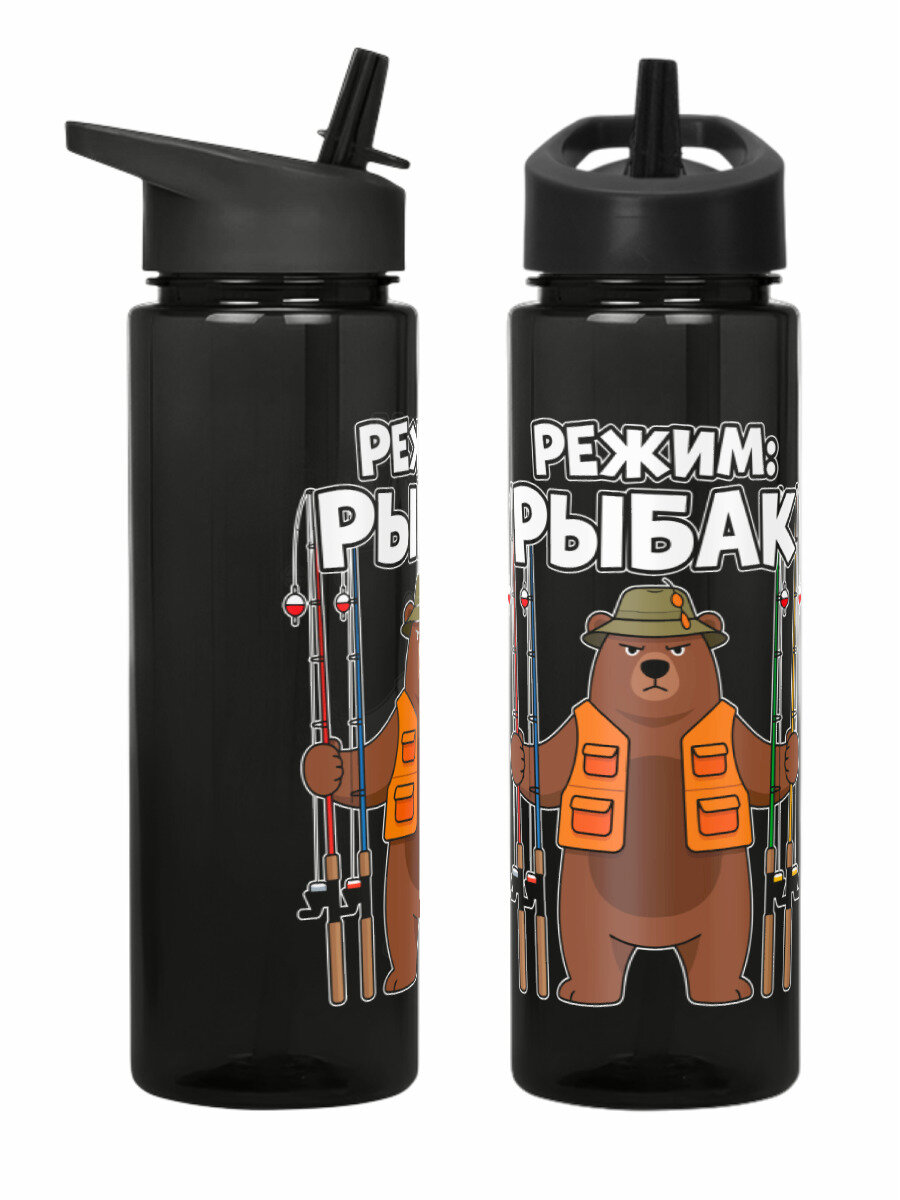 Бутылка черная для воды с принтом Медведь: режим-рыбак(подарок, сувенир, для рыбаков, рыбака, рыбалка, рыболовы, улов)