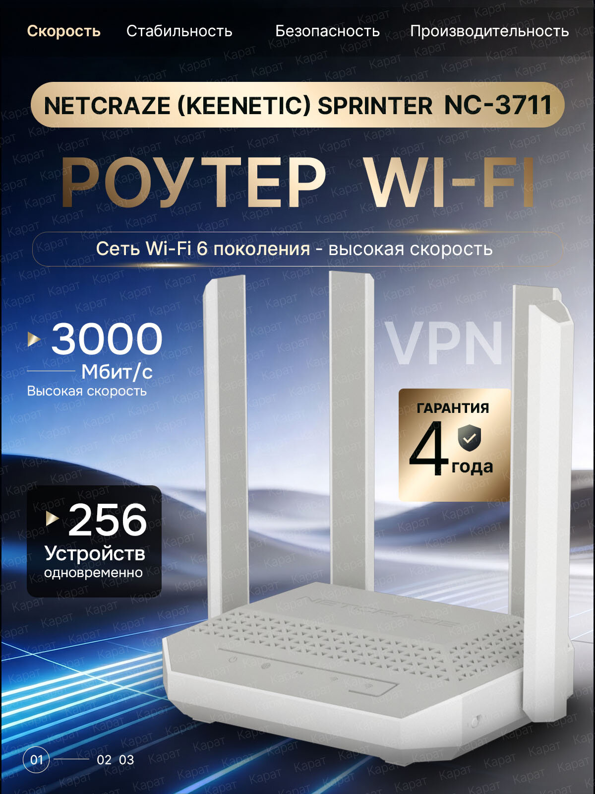 Роутер NETCRAZE (Keenetic) Sprinter NC-3711, Wi-Fi 6 AX3000, Mesh, 4 порта 1Гбит/с