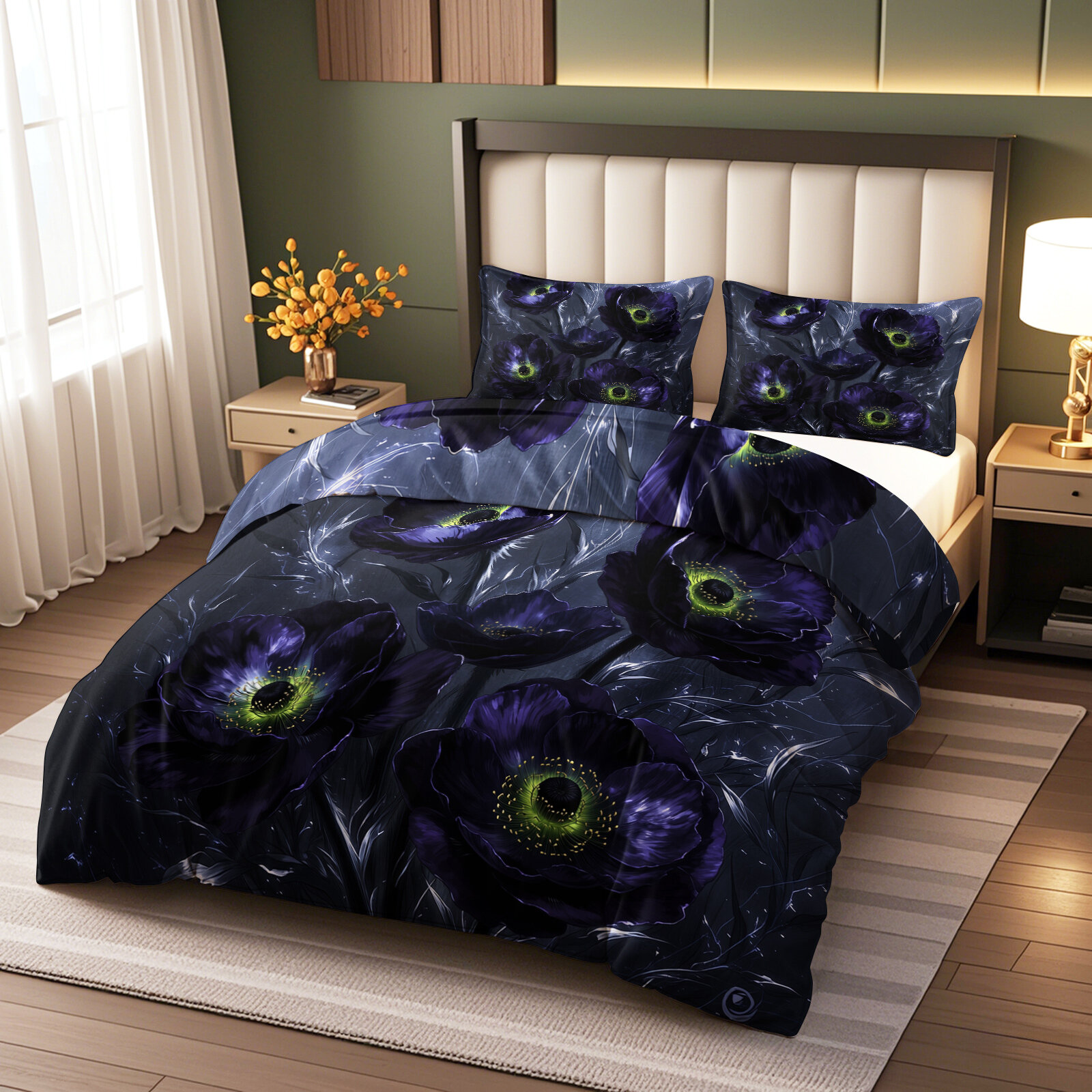 Фиолетовые Комплект постельного белья 1.5/2-сп/Евро 3 предмета 175x215cm Ботанический Mикрофибра 2 наволочки 70х70